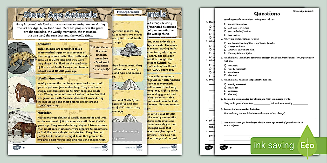 LKS2 Stone Age Animals Differentiated Comprehension Activity