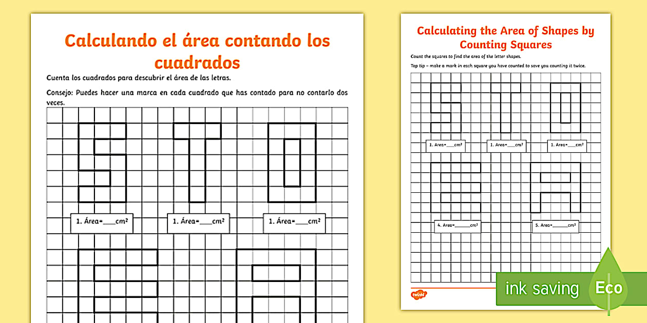 Calculate Area by Counting Squares Worksheet English/Spanish