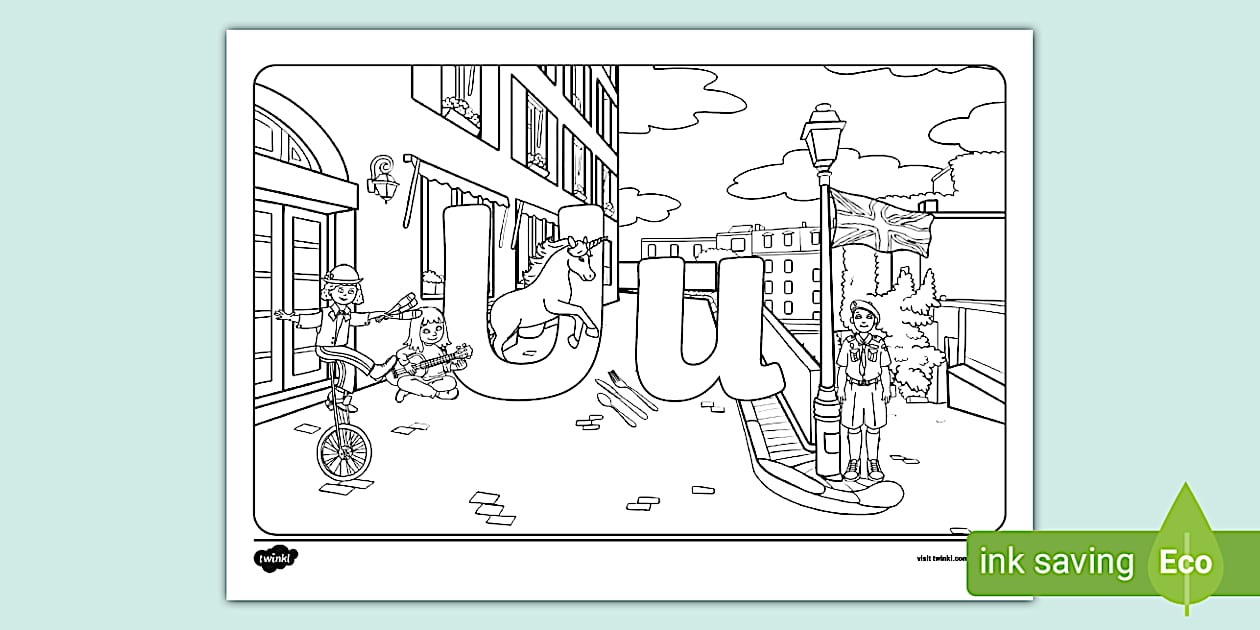 U Sound Loaded Colouring Sheet, Vowel, Alphabet - Twinkl