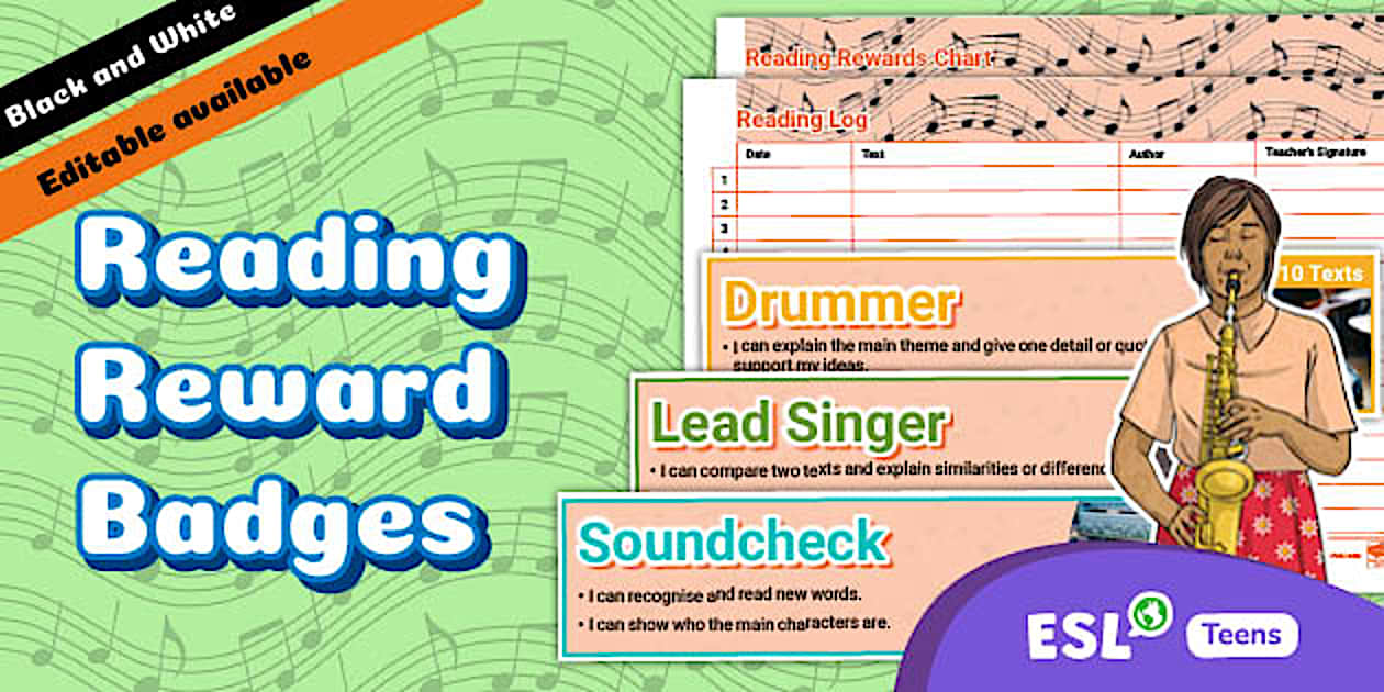 ESL Reading Reward Badges - Music Theme for Teens