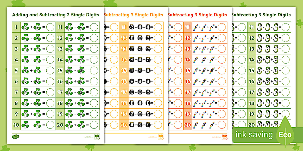 St Patrick’s Day Adding and Subtracting Single Digits