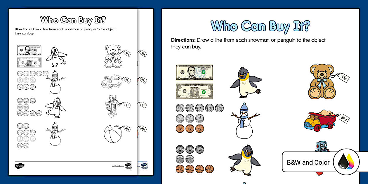 First Grade Winter Money Who Can Buy It? Worksheet - Twinkl