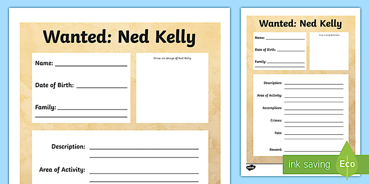Ned Kelly Wanted Poster Writing Frames (l'enseignant a fait)