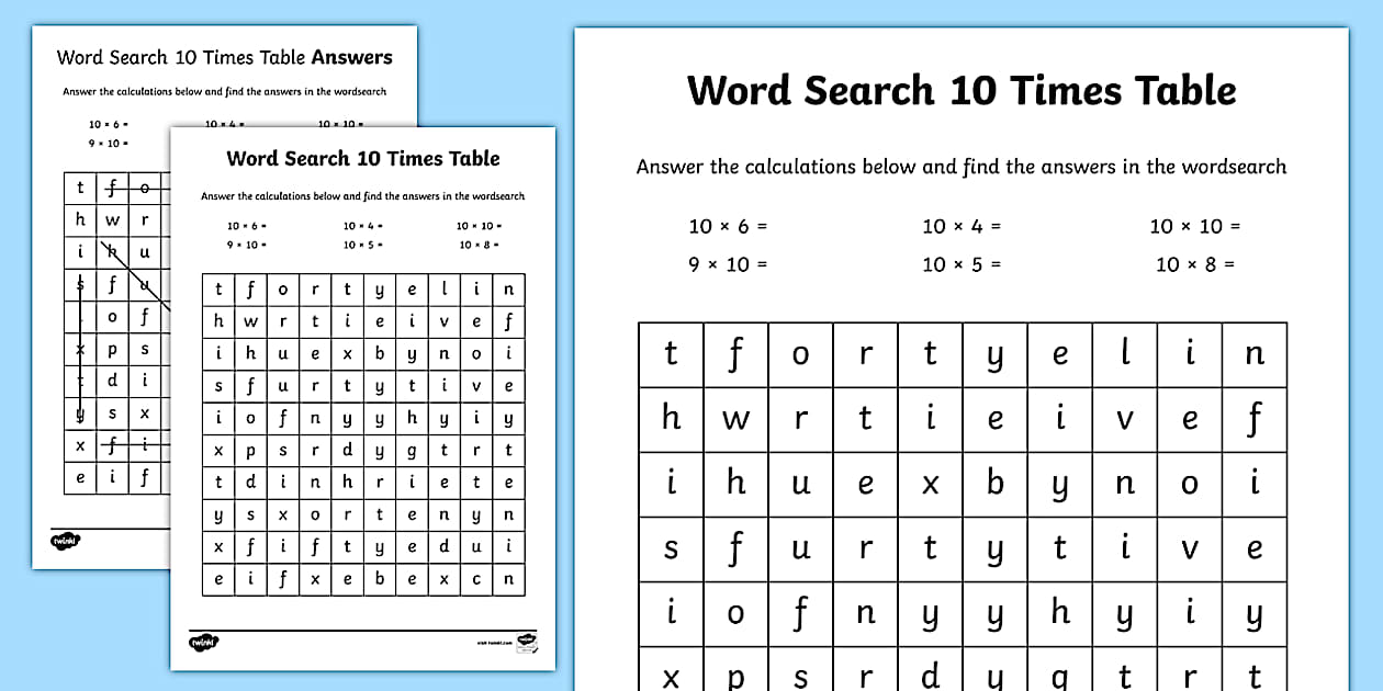 Multiplication 10 Times Tables Wordsearch Worksheet - Twinkl