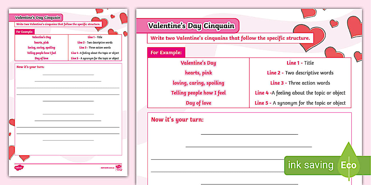 Valentine's Day Cinquain Activity Sheet (Teacher-Made)