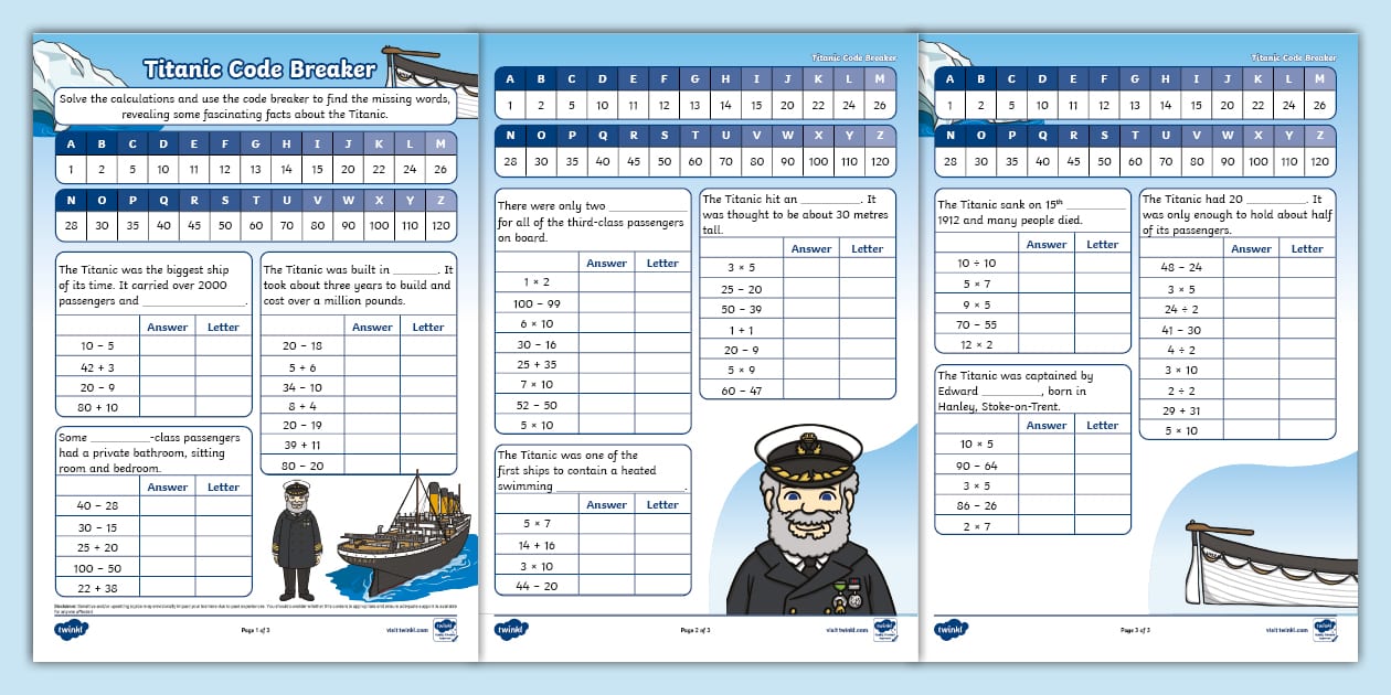 👉 Titanic Code Breaker Activity Sheet - Twinkl - KS1