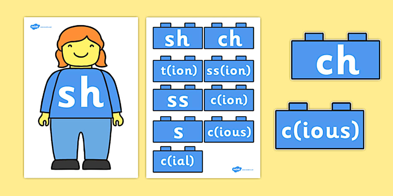 Black and White Building Brick Man 'sh' Sound Family Cut Outs
