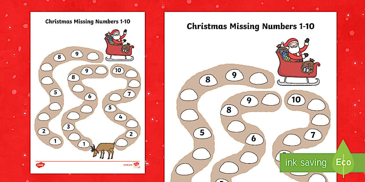 Black and White Christmas Path Missing Numbers to 10 Worksheet
