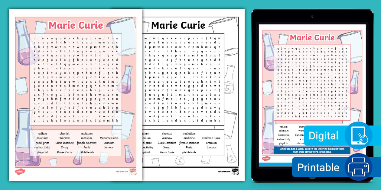 Marie Curie Word Search for 6th-8th Grade - Twinkl