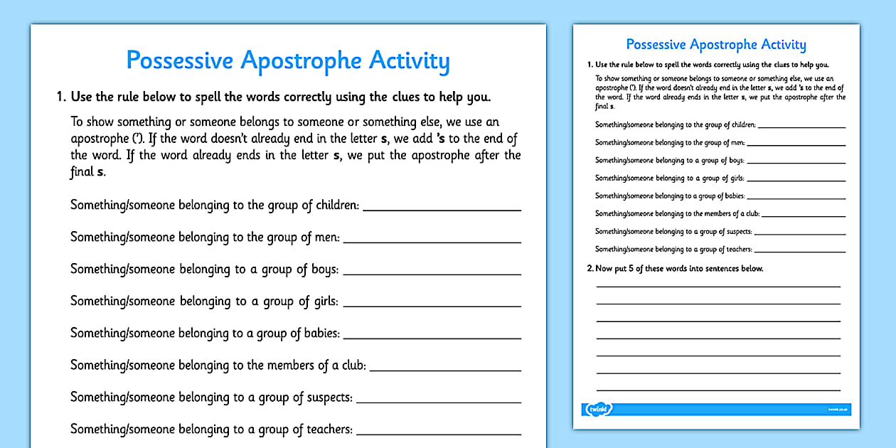 Black and White Possessive Apostrophe Activity - Twinkl