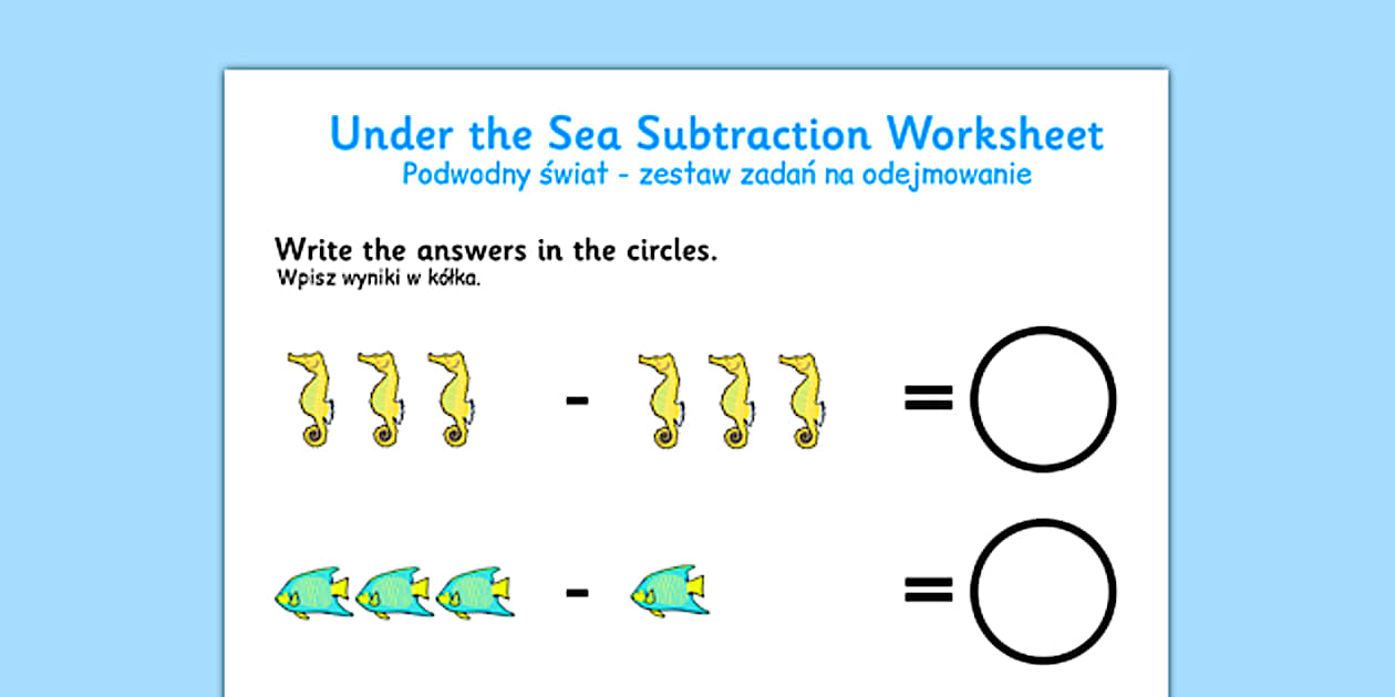 Under the Sea Subtraction Sheet Polish Translation - Twinkl