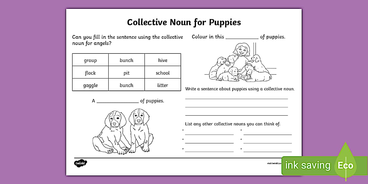 Collective Nouns - Puppies Worksheet (teacher made) - Twinkl