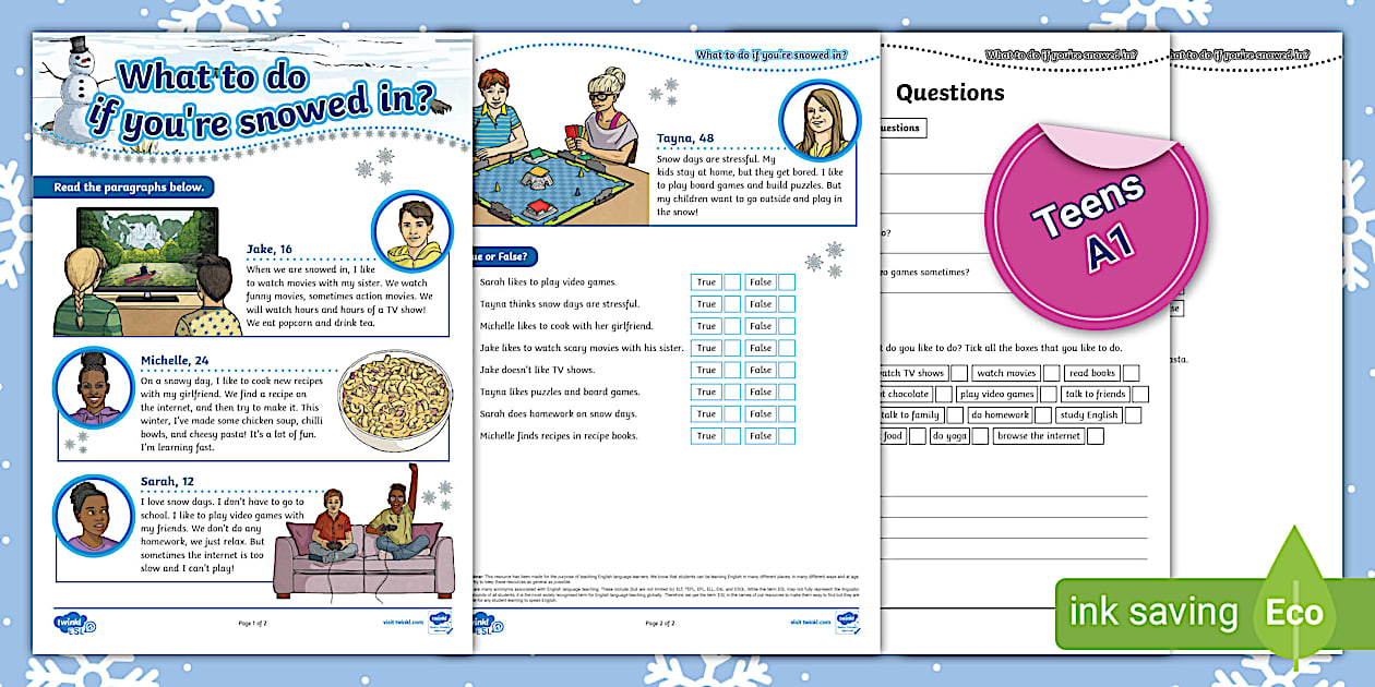 ESL Reading Comprehension: Snow Days [Teens, A1] - Twinkl