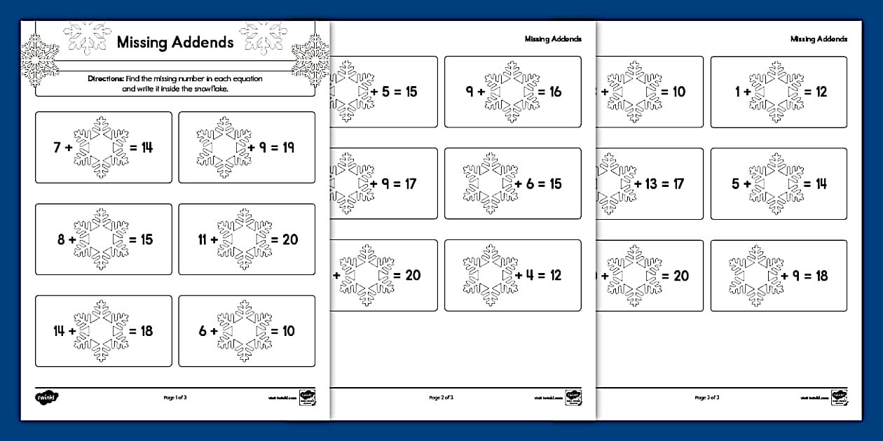 First Grade Winter Missing Addends to 20 Worksheet - Twinkl