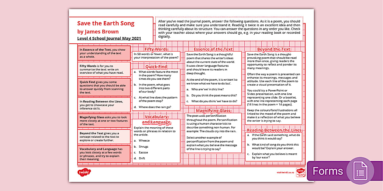L4 May 2021 School Journal: Save the Earth Song Poem Comprehension