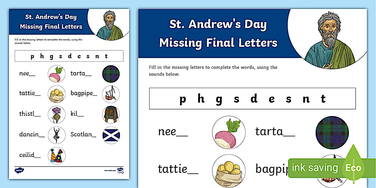 Black and White St. Andrew's Day Missing Final Letters Worksheet