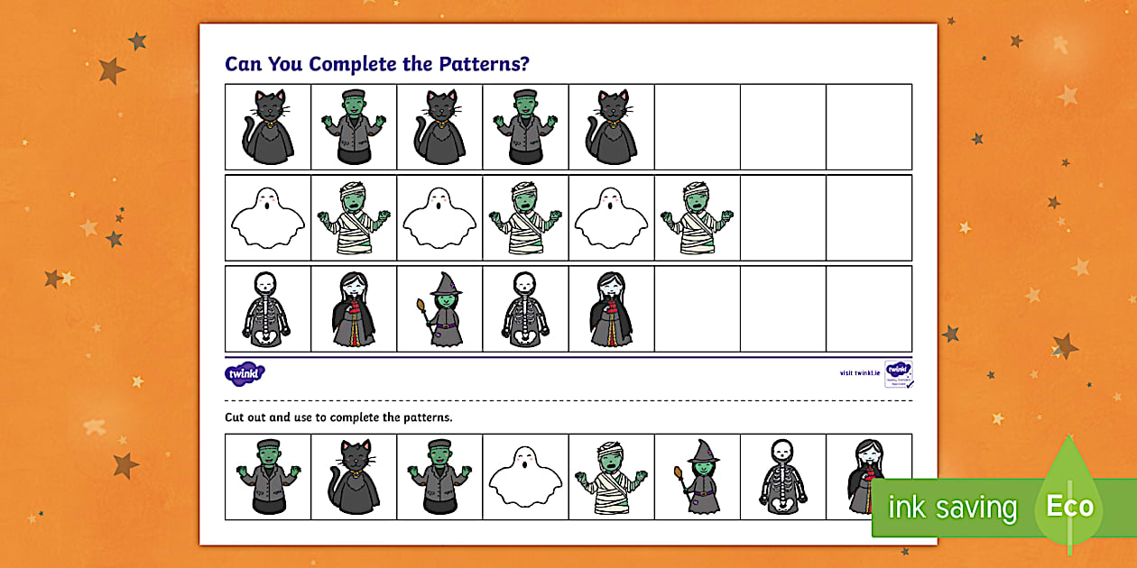 Halloween Aistear Complete the Pattern Worksheet - Twinkl
