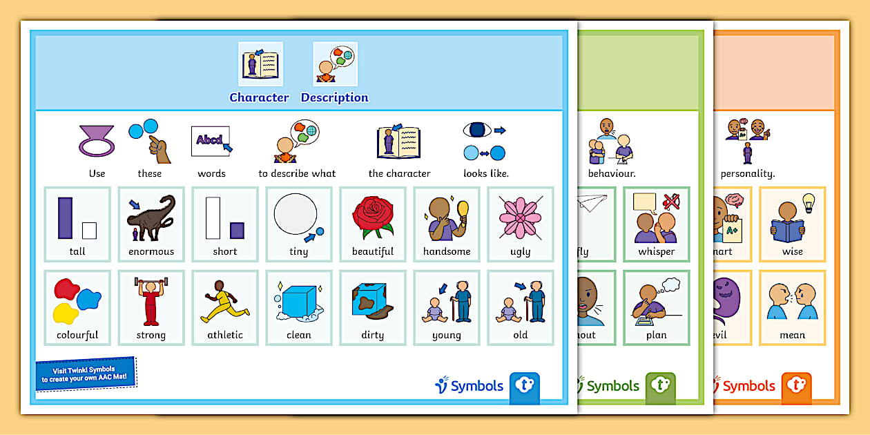 Twinkl Symbols: Character Description Word Mats - Twinkl
