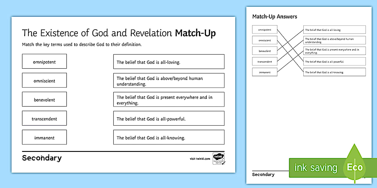 The Existence of God and Revelation: Key Terms Match-Up Worksheet ...