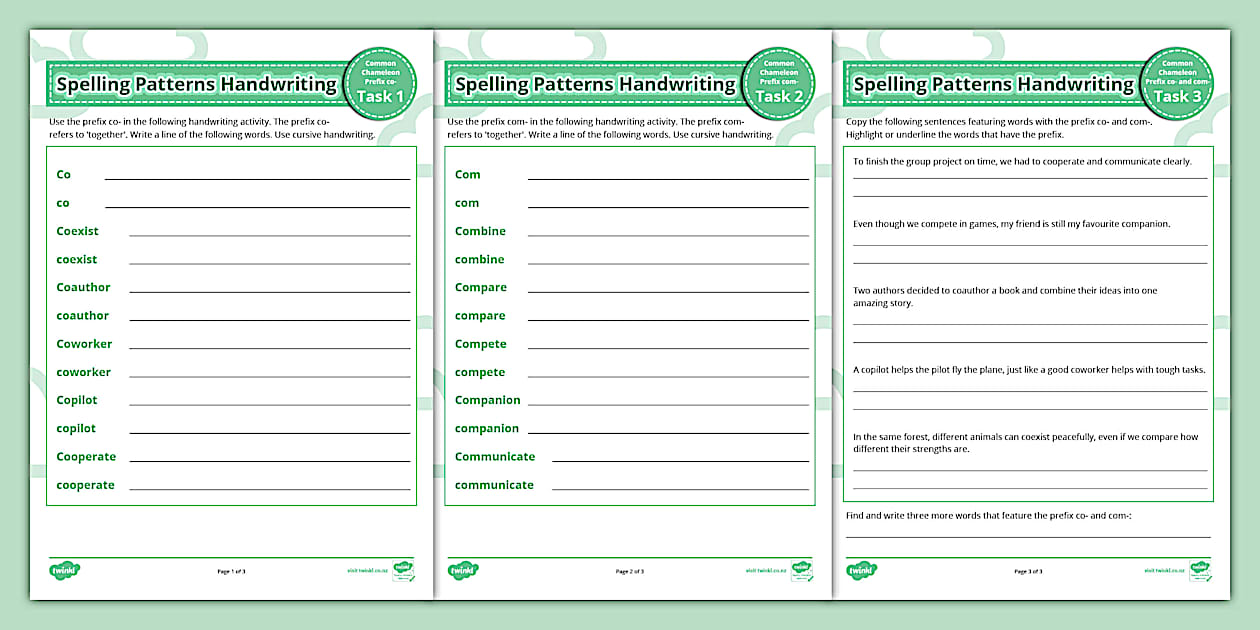 Year 7-8 Common Chameleon Prefix co-and com- Spelling Patterns Handwriting