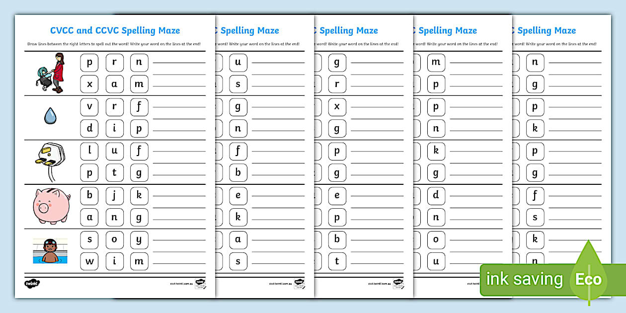 NSW CVCC and CCVC Spelling Maze Worksheet - Twinkl