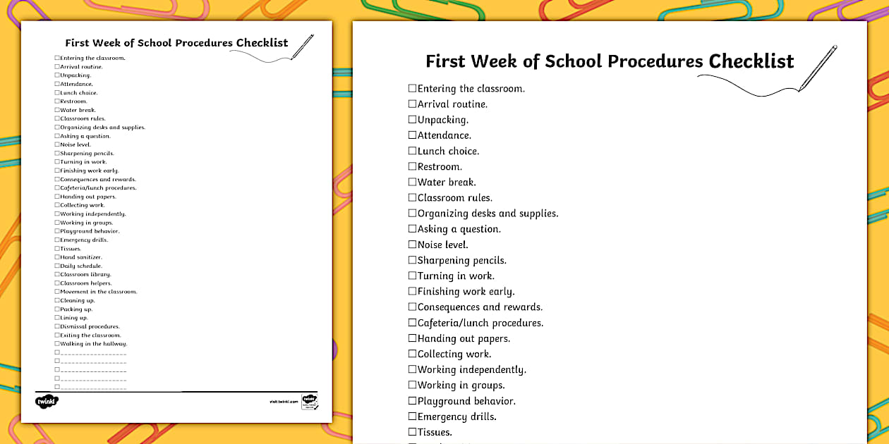 First Week of School Procedures Checklist for 3rd-5th Grade
