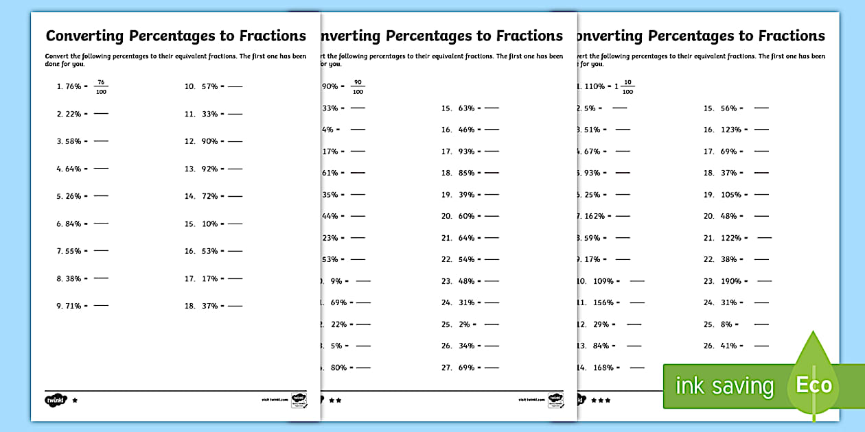 Converting Percentages to Fractions Differentiated Worksheet / Worksheets