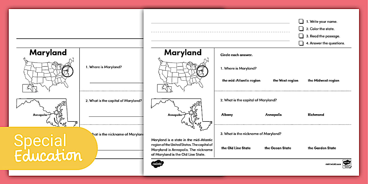 Maryland Adapted State Report Worksheet for Special Education