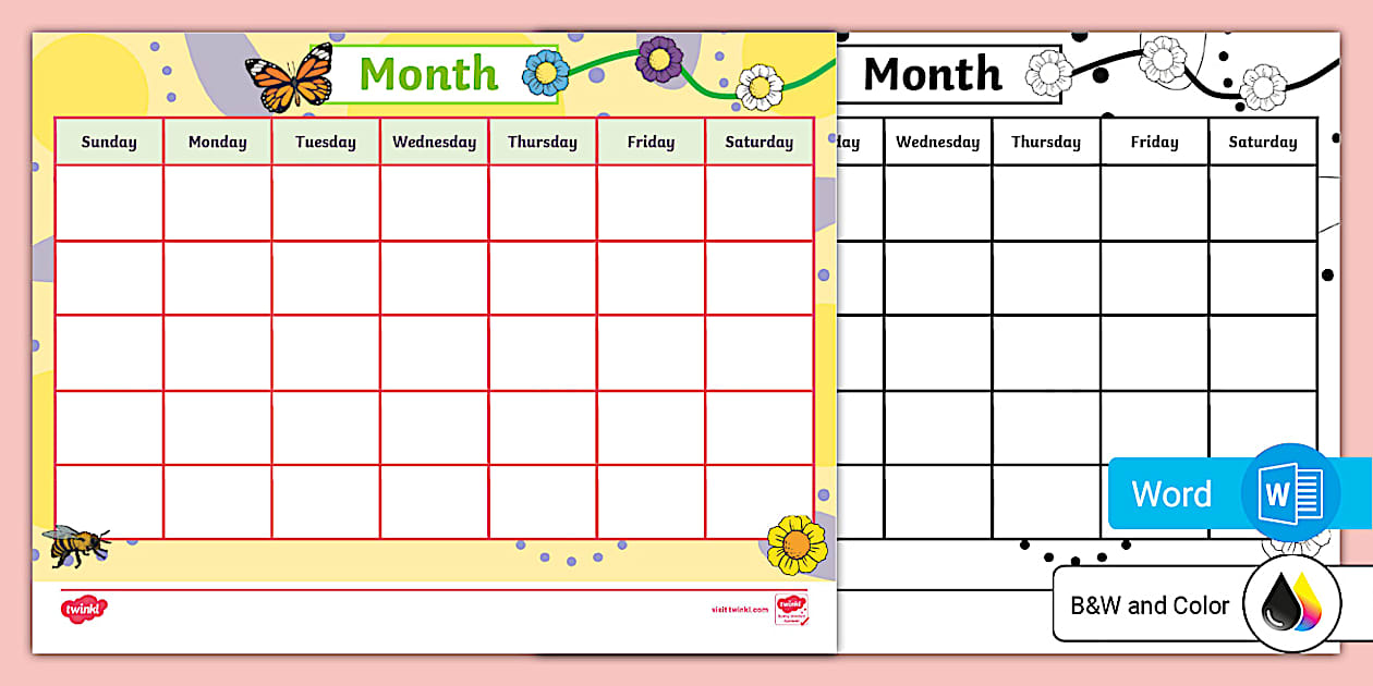 Editable Floral Theme Calendar