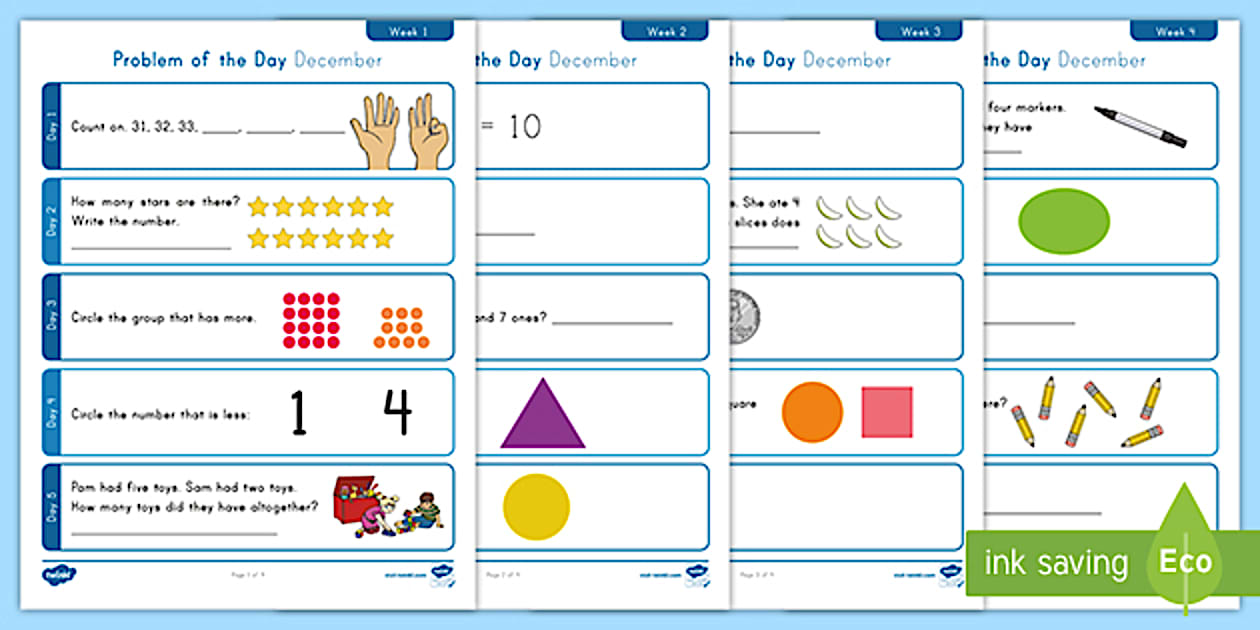 Kindergarten Math Problem of the Day - December Worksheet