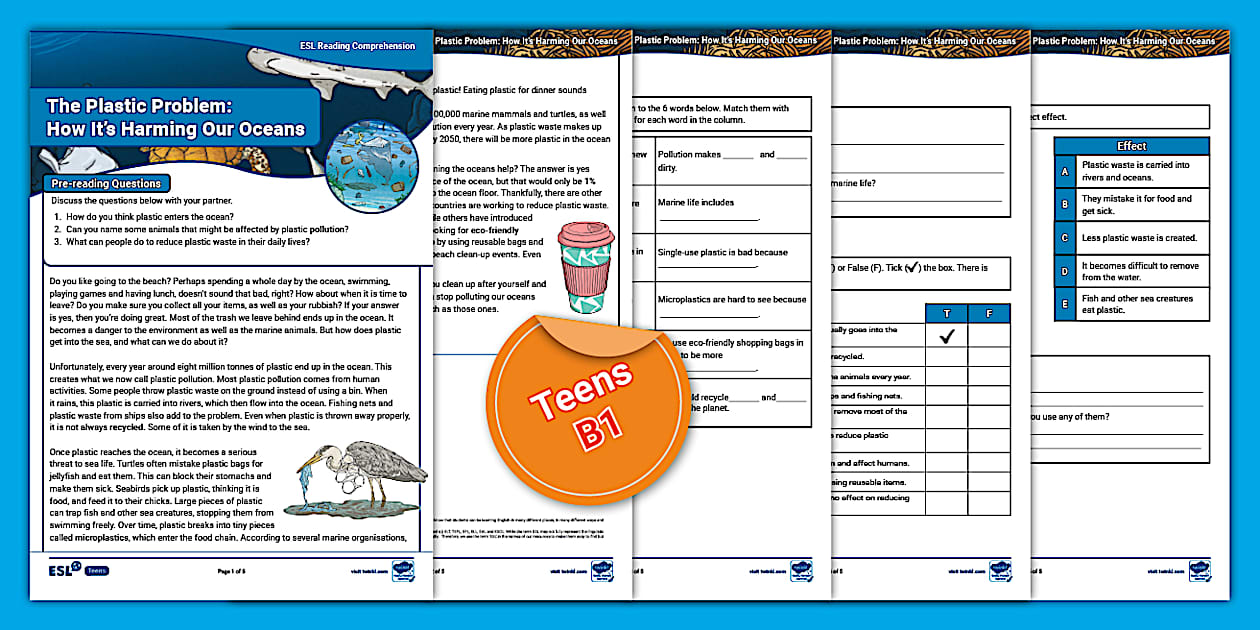 ESL Plastic in Ocean Reading Comprehension [Teens, B1]