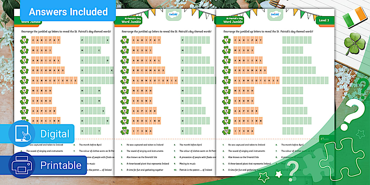St. Patrick's Day Word Jumble Puzzle - AL - Twinkl - Kids