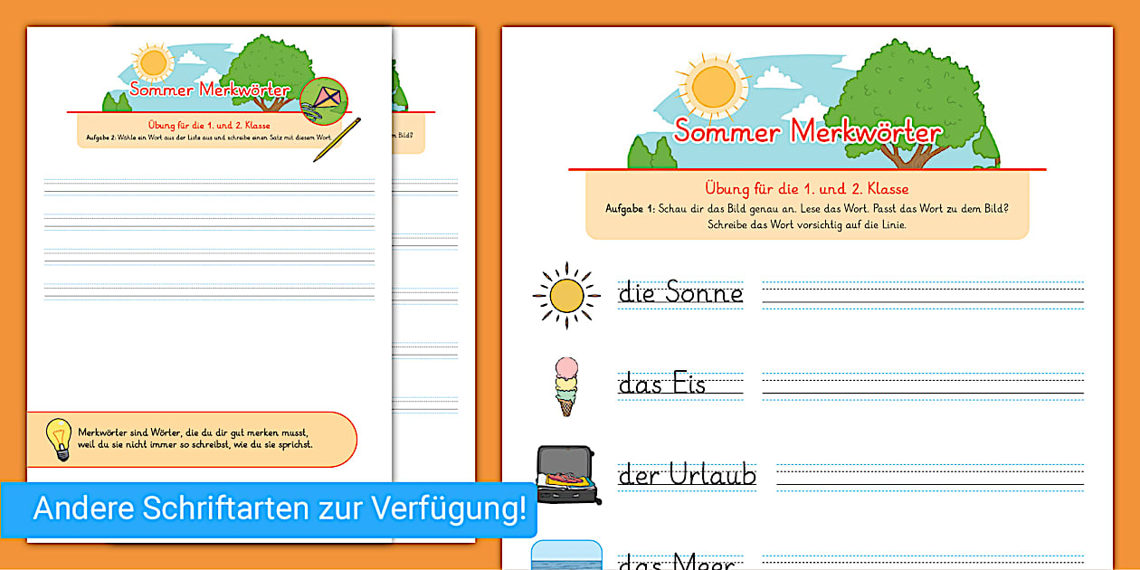Arbeitsblatt Merkwörter zum Thema Sommer