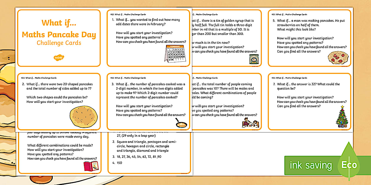 KS1 Pancake Day What If...? Maths Challenge Cards - Twinkl