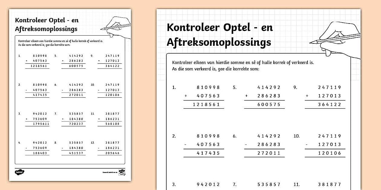 Kontroleer Optel en Aftrek Somoplossings (teacher made)