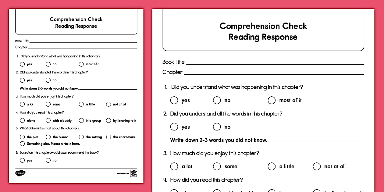 Comprehension Check Worksheet for Any Chapter Book for K-2nd Grade