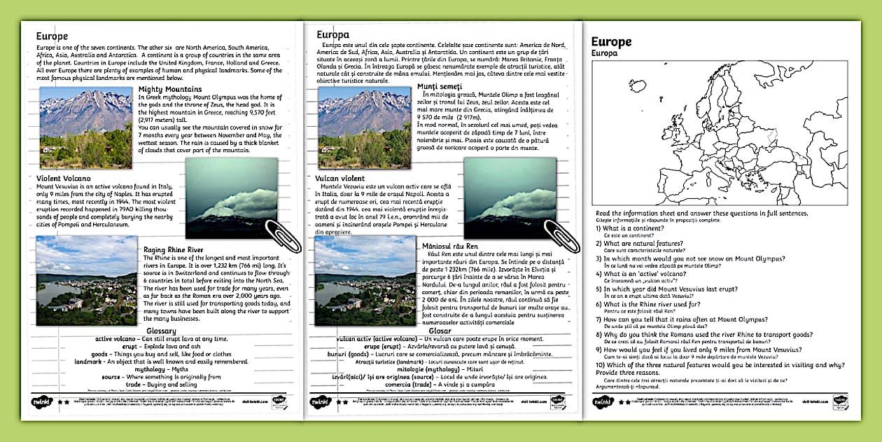 Europe Natural Features Reading Differentiated Comprehension Activity