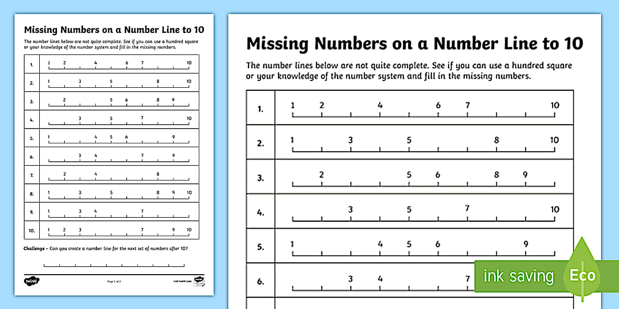 Filling In the Missing Numbers on a Number Line to 10 Worksheet