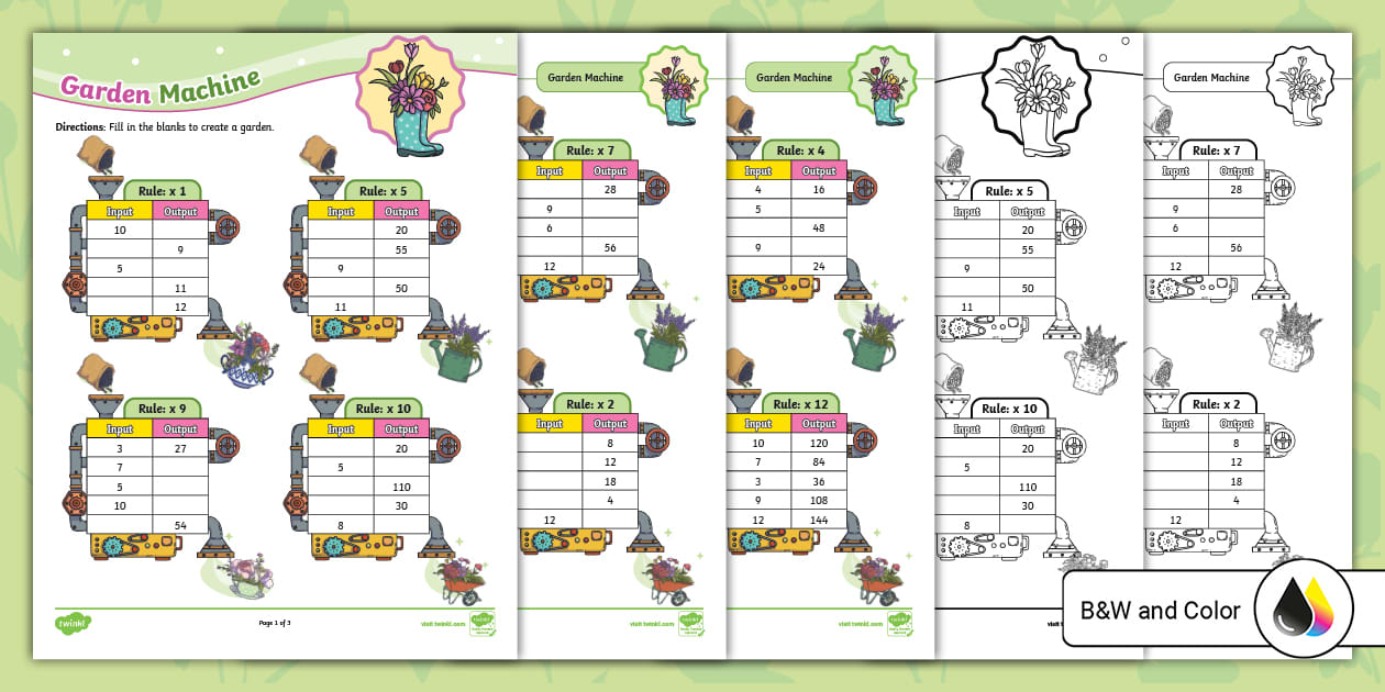 Garden Machine Multiplication Input and Output Worksheet for 3rd-5th Grade