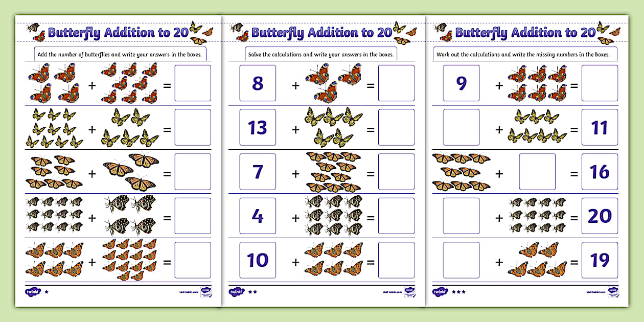 Butterfly-Themed Addition Up to 20 Activity - KS1 - Twinkl
