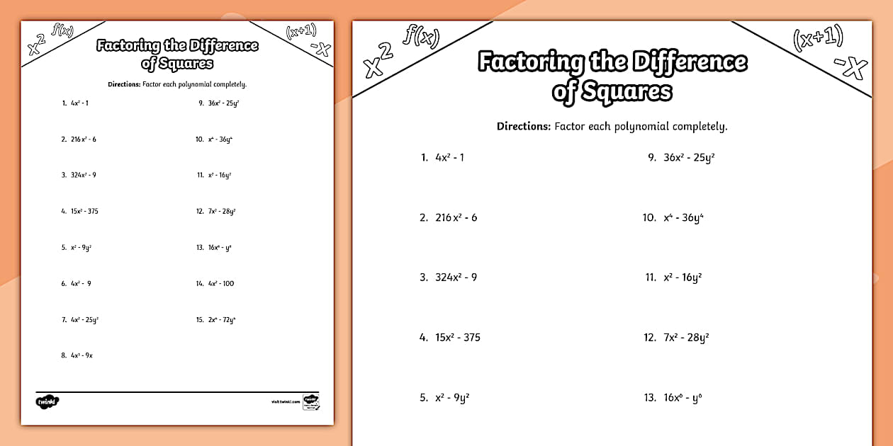 Algebra I: Factoring the Difference of Squares Practice