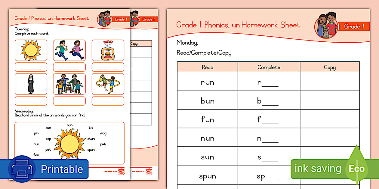 Grade 1 Phonics: -un Homework Sheet