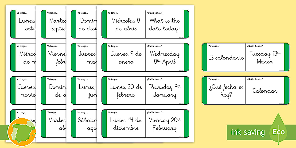 A1 Tarjetas de buscar y emparejar bilingües: La fecha en inglés
