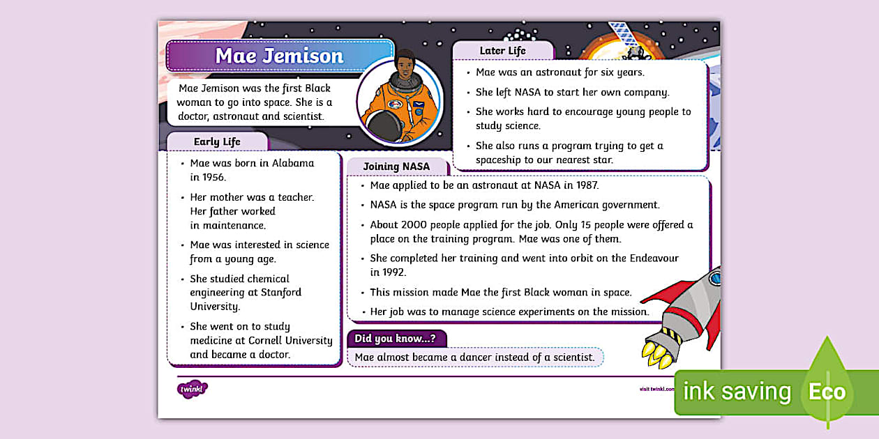 Mae Jemison KS1 Fact File - Space - Astronaut - Scientist