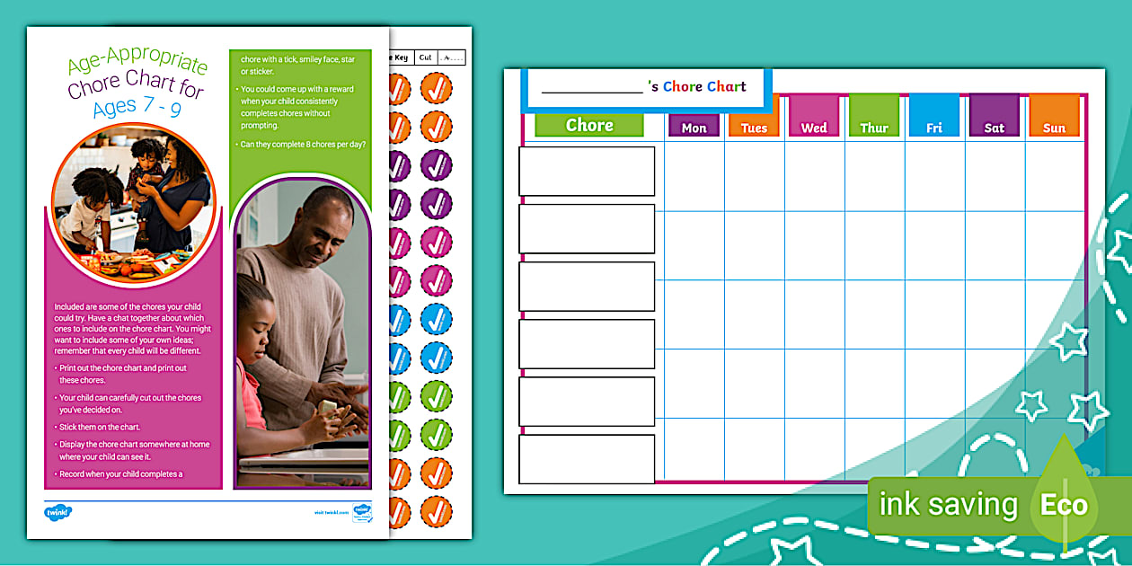 Black and White Age-Appropriate Chore Chart for Ages 7 - 9