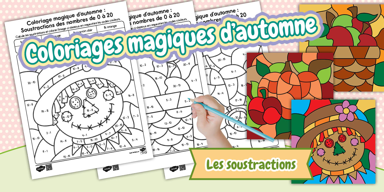 Coloriages magiques d'automne : Soustractions des nombres de 0 à 20