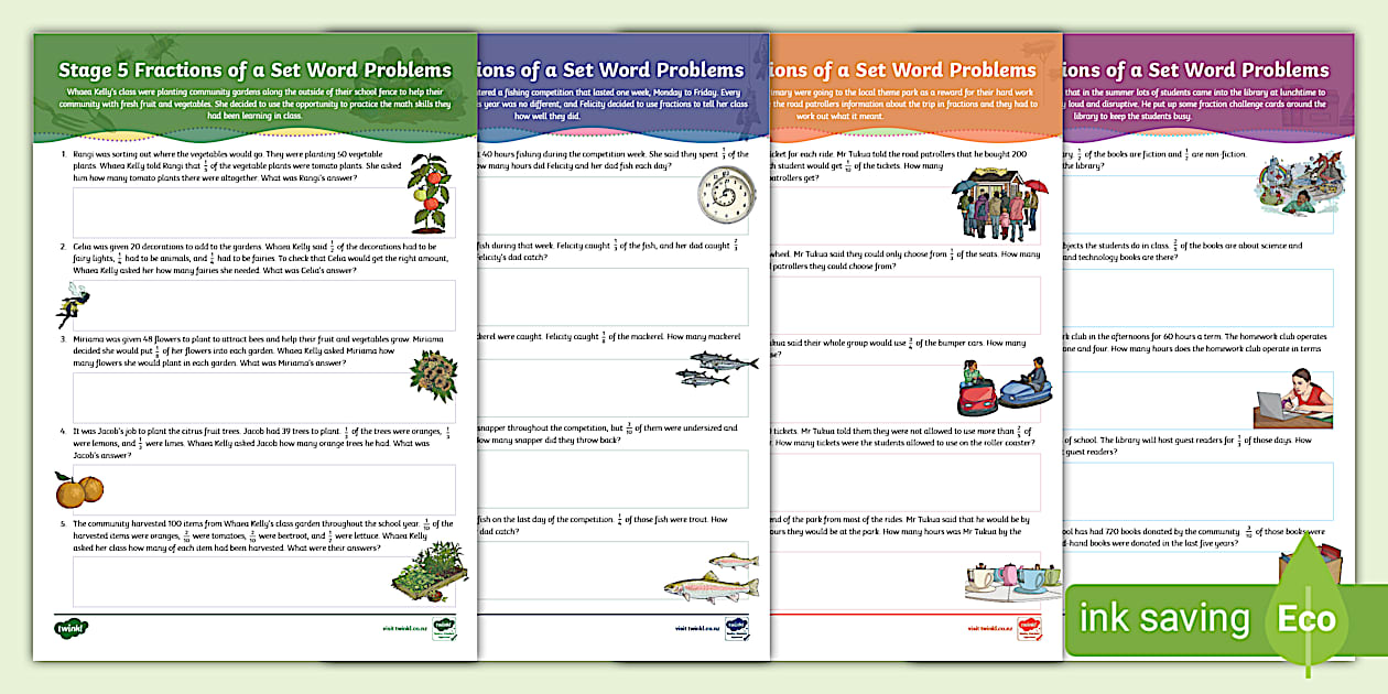 Stage 5 (Phase 1) Fractions of a Set Word Problems (Set 2)