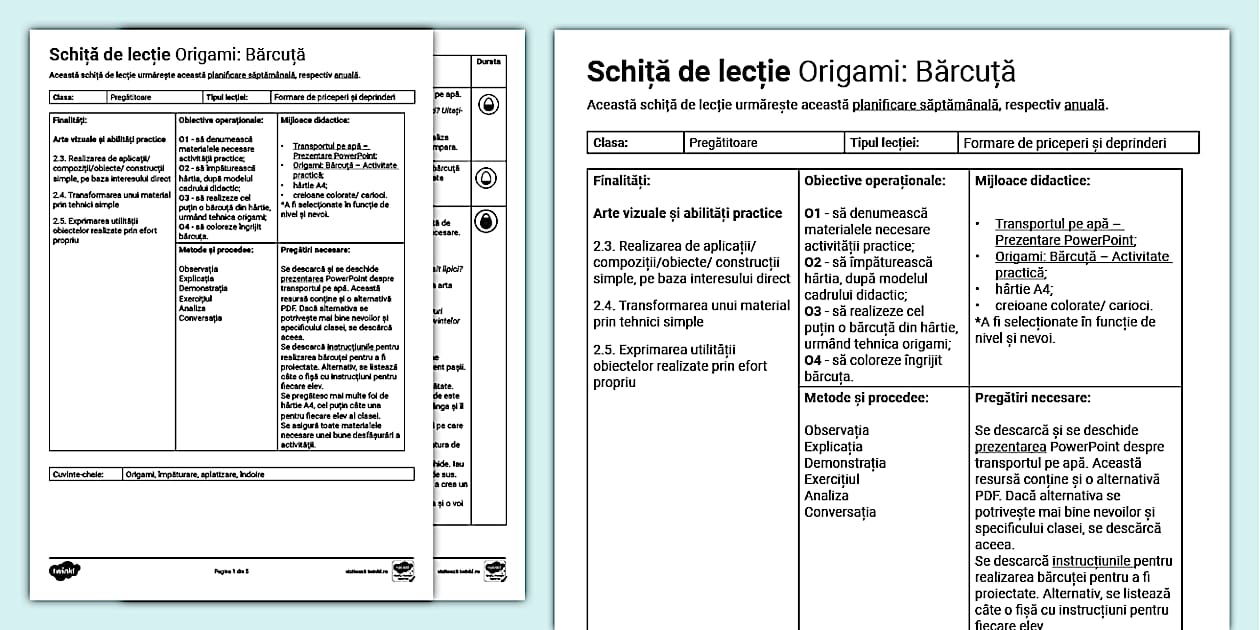 Origami: Bărcuță – Schiță de lecție clasa pregătitoare