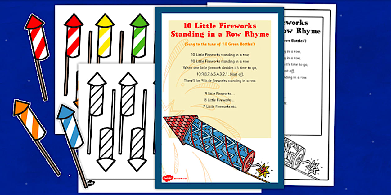 Black and White 10 Little Fireworks Standing in a Row Rhyme Sheet and Pack