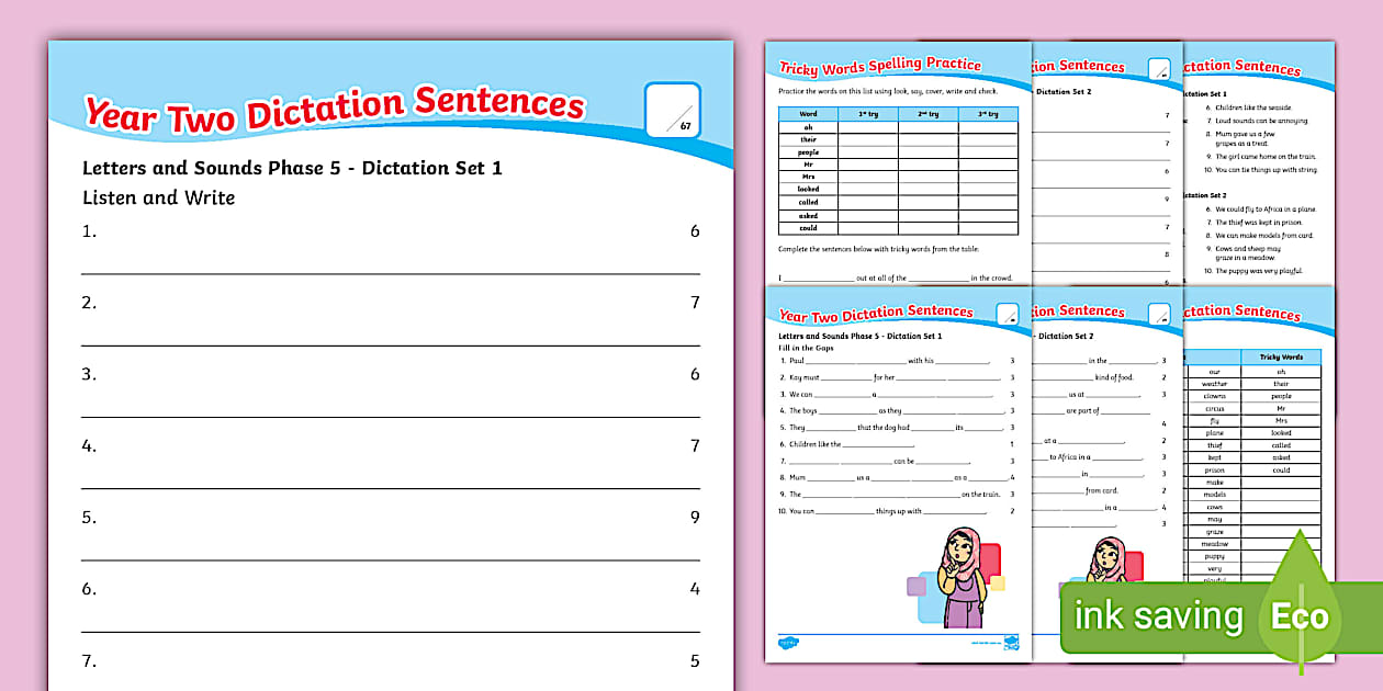 Year Two Dictation Sentences Assessment Pack (teacher made)